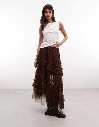 AllSaints jupe midi en tulle &agrave; volants Jen noire