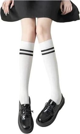 Generic Chaussettes hautes ray&eacute;es en coton noir et blanc pour femme (2 paires), Blanc Noir - 1 paire, Taille Unique