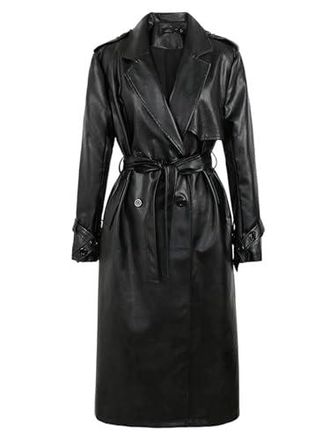 Generic Trench-coat long ample en cuir PU noir pour femme - Veste classique &agrave; double boutonnage pleine longueur, Noir, S