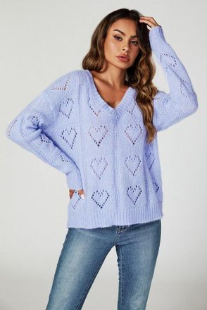 FS Collection Strickpullover Damen Strickpullover mit Herzmuster und weiter V-Ausschnitt (Einheitsgr&ouml;&szlig;e UK 8-16 / EU 36-44, 2 Farben : Regenbogen und Hellblau) 60 %