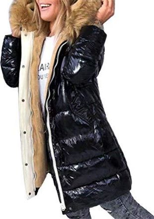 ORANDESIGNE Noir Femme Doudoune Mi-Longue Manteau Chaud Brillante Noir Blouson Hiver Elegant Slim Jacket Veste D Noir L