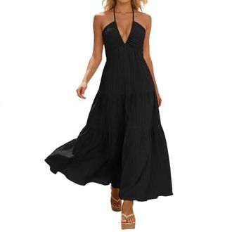 Generico Robe maxi d&eacute;t&eacute; boh&egrave;me pour femme sans manches avec col dos nu et ourlet &agrave; volants. Robe mi-longue en coton avec fines bretelles et d&eacute;collet&eacute; en V sans