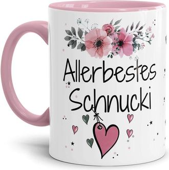 Tassendruck Tasse mit Spruch - Allerbestes Schnucki weiblich - Bedruckter Kaffeebecher mit süßem Motiv - Geschenkidee für Lieblingsmenschen - Innen & Henkel Rosa,