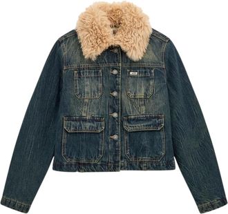 Guess Femme, Vestes, Bleu, Taille: 36 FR Veste en jean avec col en fausse fourrure amovible