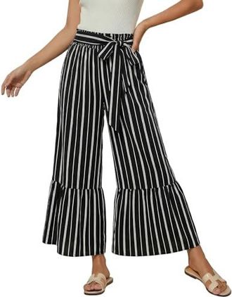 Generic Robe boh&egrave;me 2026 pour femme, imprim&eacute; floral, jambes larges, pantalon palazzo, taille &eacute;lastique, ceinture &agrave; nouer, pantalon d&eacute;t&eacute; d&eacute;contract&eacute;, pantalon 