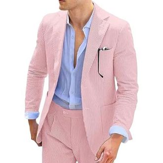 Generic Ensemble de costume fin en seersucker ray&eacute; pour homme - Tenue d&eacute;t&eacute; pour la plage et le mariage - 2 pi&egrave;ces - Costume classique &agrave; ventouse, rose 1, XXL