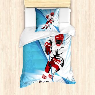 Abakuhaus Eishockey Bettbezug Set für Einzelbetten, Spieler starken Schuss Tor, Milbensicher Allergiker geeignet mit Kissenbezug,Weiß