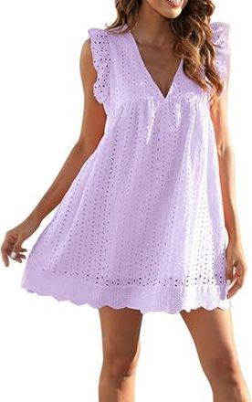 Generic Robe dété rouge pour femme avec col jacquard en dentelle et doublure de poche, col en V, grande taille, mini robe moulante pour femme sexy, lilas, M