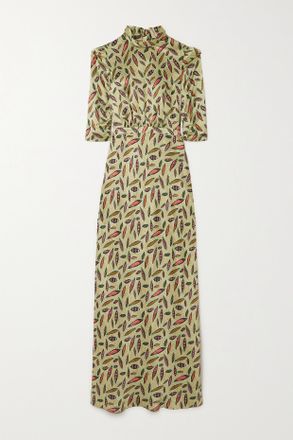 Saloni Adele Maxikleid Aus Bedrucktem Seidensatin - Gr&uuml;n