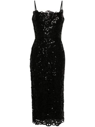 Marchesa Pailletten-Midikleid mit Blumenmuster - Schwarz