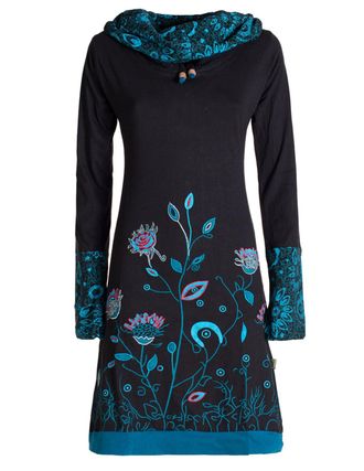 vishes Alternative Bekleidung - Damen Blumen-Kleid Langarm-Shirtkleid Schal-Kragen Baumwollkleid schwarz 38