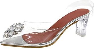 Generic Sandales &agrave; bout pointu pour femme avec bride arri&egrave;re transparente et strass - Sandales &agrave; talon bas - Sandales de marche &eacute;l&eacute;gantes antid&eacute;rapantes - Cha