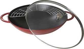 Staub Gusseisen Wok, Ø 37 cm, Inkl. Glasdeckel und herausnehmbaren Gittereinsatz, für alle Herdarten inkl. Induktion, 5,7 L, Kirschrot