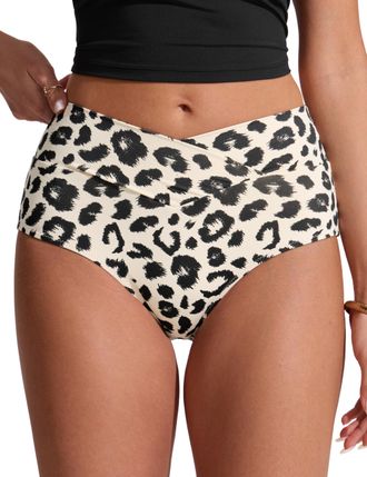 CRZ YOGA Damens V-Schnitt Bikini Unterteile Hohe Taille Kreuz Vorne Badeanzug Unterseite Vollständige Abdeckung Schwimmhose Primulin Leopardenmuster 42