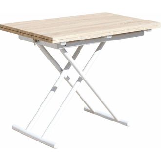 PEGANE Table basse relevable rectangulaire extensible coloris ch&ecirc;ne /pieds blanc - Longueur 100 x largeur 50-100 cm -PEGANE