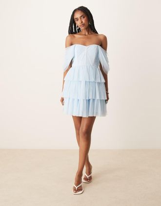 Lace & Beads Robe corset courte en tulle avec épaules dénudées - Bleu ciel