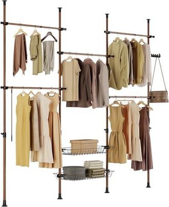 SoBuy Portant à vêtements télescopique solide - Penderie ouverte réglable avec tringles et étagères, Porte manteau pour chambre/dressing, Marron KLS04-II-BR