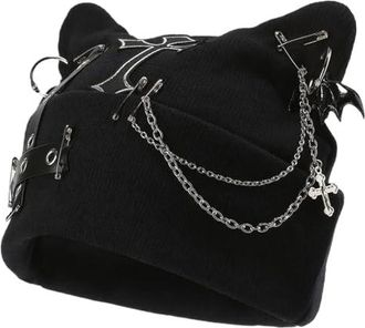 Generico Bonnet tricot&eacute; avec oreilles de chat - Design cha&icirc;ne avec crochet style streetwear - Chapeau gothique chaud pour adolescents, hiver et f&ecirc;tes de No&euml;l