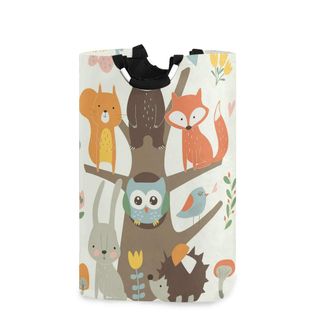Mnsruu Wäschekorb mit Cartoon-Motiv, Wald, Baum, Fuchs, Hase, Eule, großer Aufbewahrungskorb mit Griffen für Geschenkkörbe, Schlafzimmer, Kleidung