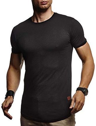 LEIF NELSON LN8331 T-shirt dété long à col rond pour homme, coupe ajustée en maille fine basique à manches courtes, blanc et noir, Noir, XL