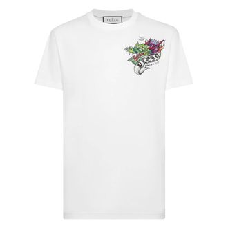 Philipp Plein Homme, Tops, Blanc, Taille: 3XL T-Shirt Col Rond Tattoo