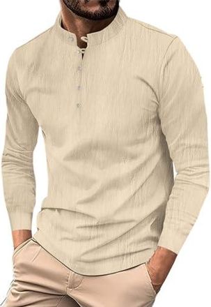 Generic Chemise Henley à manches longues pour homme, coupe ajustée, en coton et lin, pour entraînement, golf, gym, sport, décontracté, vintage, sans col, kaki