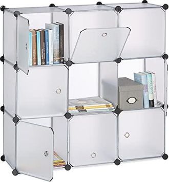 Relaxdays Regalsystem mit T&uuml;ren, Raumteiler Kunststoff, Standregal 9 F&auml;cher, Badregal, HBT: 95 x 95 x 32 cm, transparent