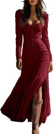 Generic Robe de cowgirl occidentale pour femme, manches longues, col en V, boutons, robe maxi vintage, fente lat&eacute;rale, style boh&egrave;me, robe trap&egrave;ze fluide, bord