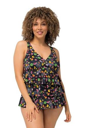 Ulla Popken Femme Grandes Tailles Tankini &agrave; Volants, Bonnets Souples, mati&egrave;re recycl&eacute;e dans Un imprim&eacute; Fruits Noir 48 826297100-46