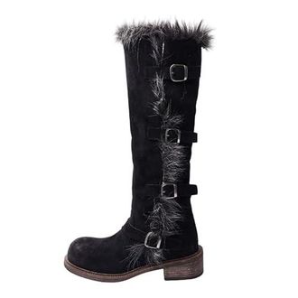 Generic Bottes Hautes Femme dHive Talon Bas Bout Rond Doublure En Peluche Chaude Boucle Bottes Semelle Antid&eacute;rapante Vintage Tendance Chaussures D&eacute;contract&eacute;es
