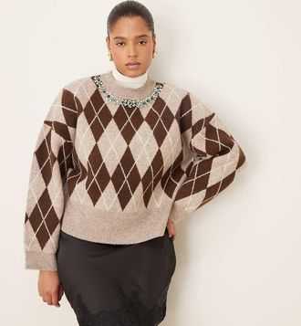 Asos Curve ASOS DESIGN Curve - Pull à encolure ornementée et motif losanges - Marron-Brown