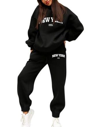 Minetom Ensemble Surv&ecirc;tement Femme V&ecirc;tements de Sport Jogging Lettre Imprim&eacute;e Manches Longues Hoodie Sweat &agrave; Capuche Pantalon 2 Pi&egrave;ces Set C Noir S