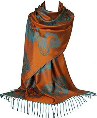 GFM Écharpe châle style pashmina en plumes cachemire floral (FRL4), S1-Nrgtl-Orange, Taille unique