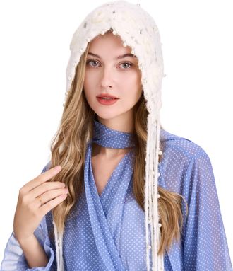 ZLYC Damen H&auml;kelm&uuml;tzen Strickm&uuml;tze Crochet Slouchy Beanie mit Tassel(Perlen Wei&szlig;),Einheitsgr&ouml;&szlig;e