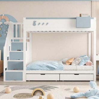 Generic Etagenbett 90x200 cm Hasen & Karotten in Wei&szlig; & Blau - Mit Sicherheitsleiter, Schubladen, Ablagefach & Lattenrost - Kinder-Doppelbett mit Motiv (White