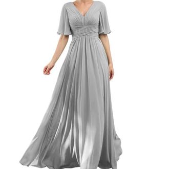Generic Robe de demoiselle dhonneur en mousseline de soie avec col en V et volants plissés pour femme - Robe longue de cocktail formelle, Grace 3, XL