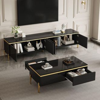 STILVORA Ensemble Meuble TV et Table Basse avec 1 Meuble TV et 1 Table Basse, Grand Rangement, Style Luxe Discret, Panneaux de Particules, Noir