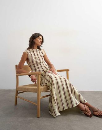 Topshop Jupe densemble longue &agrave; taille basse en V - Rayures babeurre-Gris