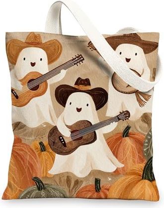 Generic Ghost Sacs en toile réutilisables avec motif de personnages effrayants, rustiques, légers, lavables, marron, 13x15 Inch