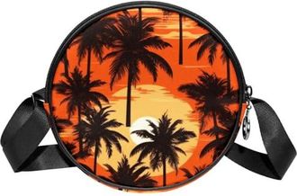 Generic Sac &agrave; bandouli&egrave;re rond pour femme, silhouette de palmier coucher de soleil avec fermeture &eacute;clair, bretelles r&eacute;glables, sac &agrave; main rond d&eacute;contract&eacute; pou