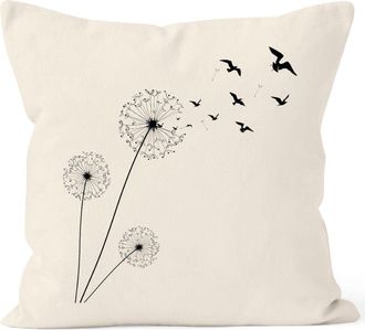 Autiga Kissenbezug Kissen-H&uuml;lle Pusteblume Birds Dandelion V&ouml;gel 40x40 Deko-Kissen Baumwolle Natur 40cm x 40cm