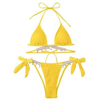 Generic Ensemble de bikini push-up 2 pi&egrave;ces pour femme, dos nu, taille haute, maillot de bain triangulaire, contr&ocirc;le du ventre, v&ecirc;tements de plage, jaune, L