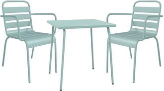 Vente-Unique Salle &agrave; manger de jardin en m&eacute;tal - une table L.70 cm et 2 fauteuils empilables - Vert amande - MIRMANDE de MYLIA