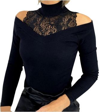 Onsoyours Damen Spitze Bluse T-Shirt Sexy Schulterfreies Langarmshirt Slim Fit Einfarbig Patchwork Spitzenbluse Elegant Tunika Oberteil Top Casual Schwarz XXL