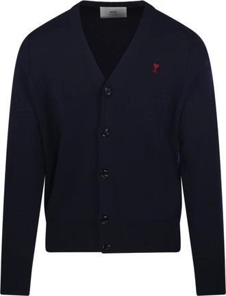 Ami Homme, Pulls, Noir, Taille: XL Cardigan Merino col V en Marine/Rouge