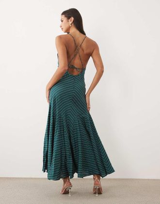 Asos robe longue &agrave; bretelles et dos nu avec basque godet &agrave; rayures bleu sarcelle-Multi