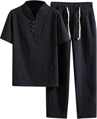 Generic Ensemble chemise et pantalon en lin pour homme, manches courtes, pantalon et chemise, coupe universelle, l&eacute;ger, respirant, col cubain, costume d&eacute;t&eacute; po