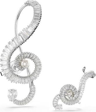 Swarovski Boucles doreilles clip Ariana Grande x Swarovski, Design asymétrique, Crystal Pearl, Taille baguette, Blanches, Métal rhodié