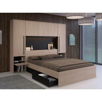 Vente-Unique Vente-Unique - Lit pont 160 x 200 cm avec rangements - 2 tiroirs et 4 niches - Avec LEDs multicolores - Panneau de particule m&eacute;lamin&eacute;