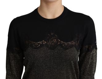 Dolce & Gabbana Womens Black Shiny Lurex Lace Insert Pullover Top